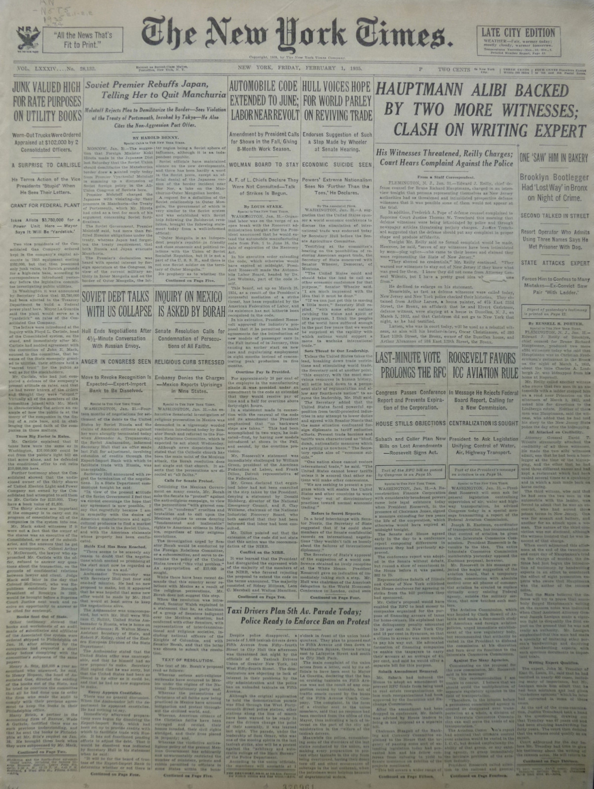 2-1935 February 1 HAUPTMANN ALIBI BACKED BY MORE WITNESSES; SOVIET DEBT ...