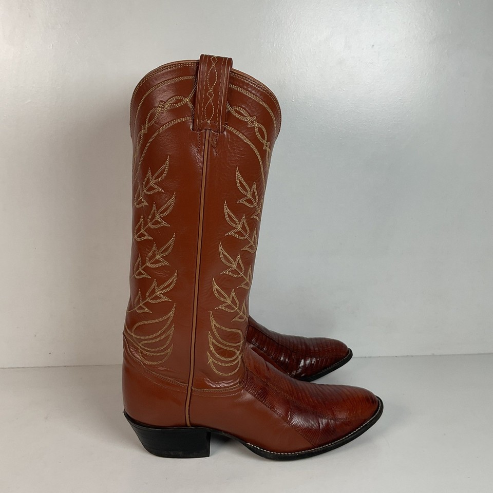 Vintage Tony Lama Gold Label Cowgirl Boots 7.5 C Lizard Vamp USA Made ...