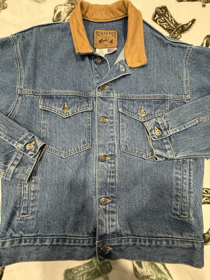 Schaefer Outfitter Vintage Men Denim Trucker Jacket- Leather Collar ...