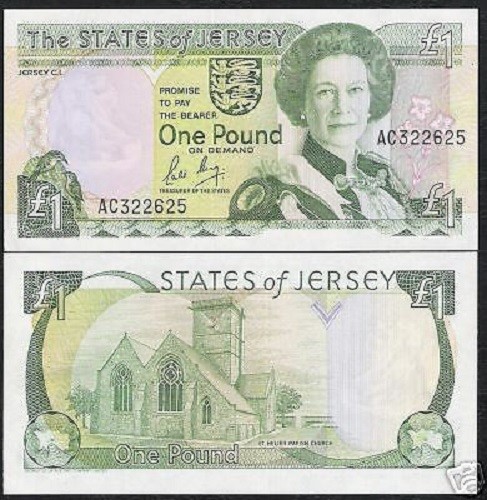JERSEY 1 POUND P15 1989 QUEEN BIRD CHURCH COW UNC CURRENCY MONEY BILL ...