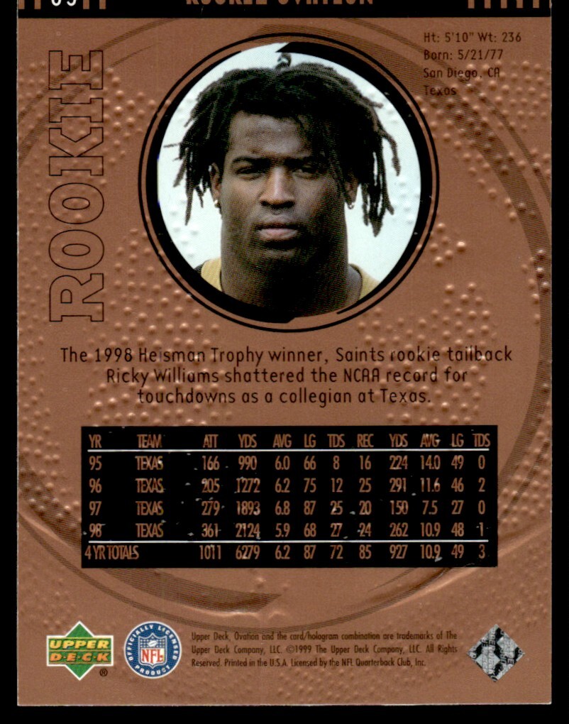 1999 Upper Deck Ovation Ricky Williams Rookie New Orleans Saints #65 ...