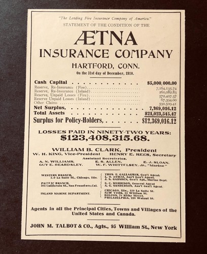 1911 Aetna Insurance Company Statement of Condition Finance Antique ...