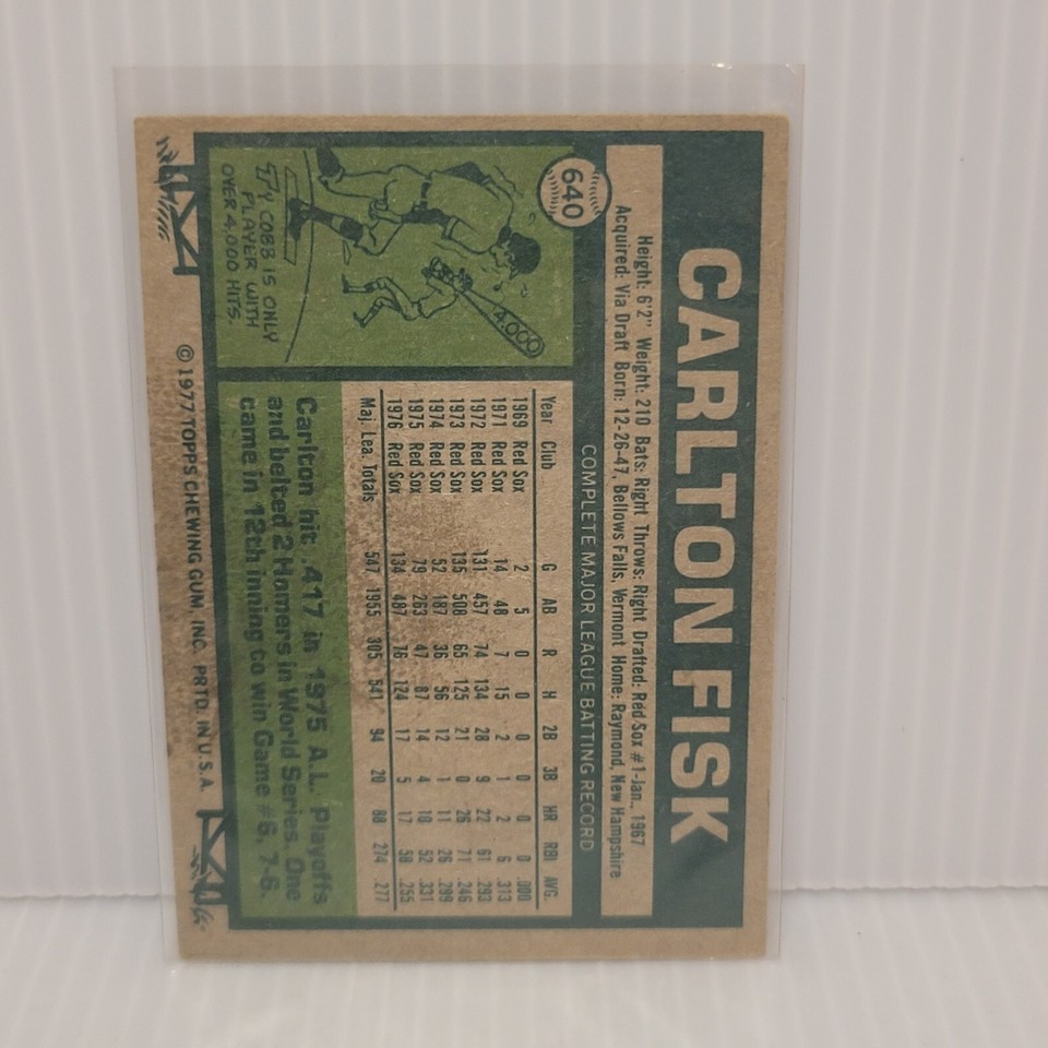 Vintage Carlton Fisk 1977 Topps Baseball Card #640 Boston Red Sox MLB ...