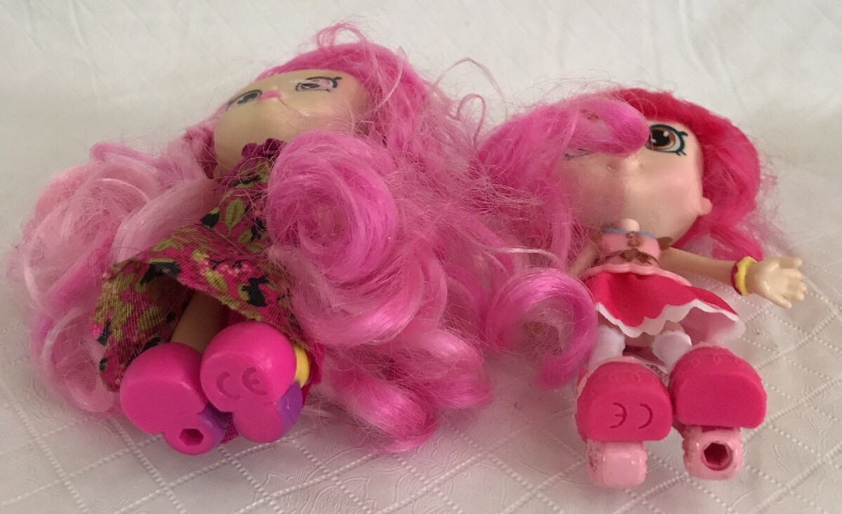 2 PVC Dolls Pink Hair Big Eyes w/ Shoes And Dresses 5” Tall Big Heads ...