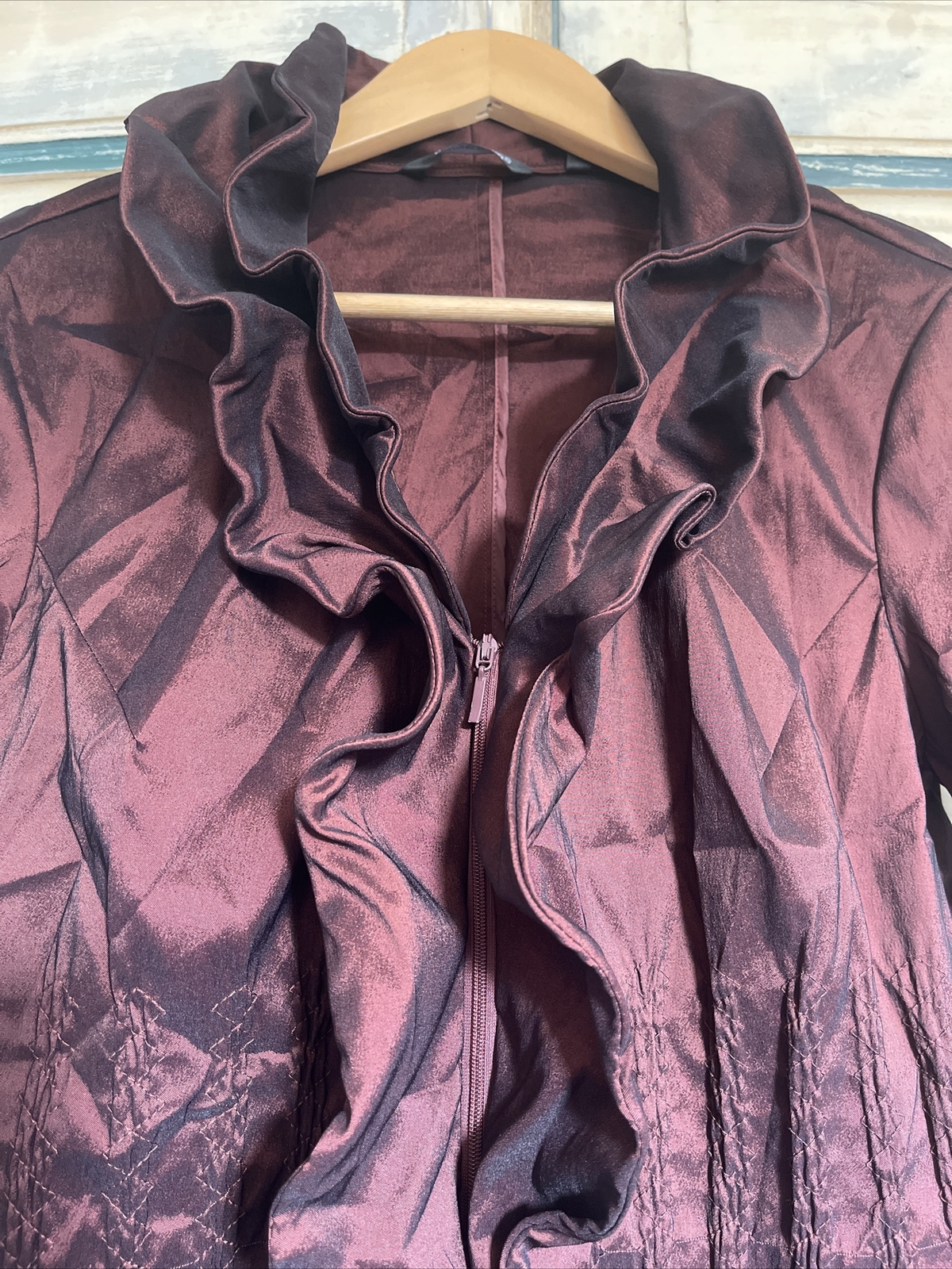 Samuel Dong Shimmer Jacket Womens Medium Wired Ruffle Full Zip Burgundy ...