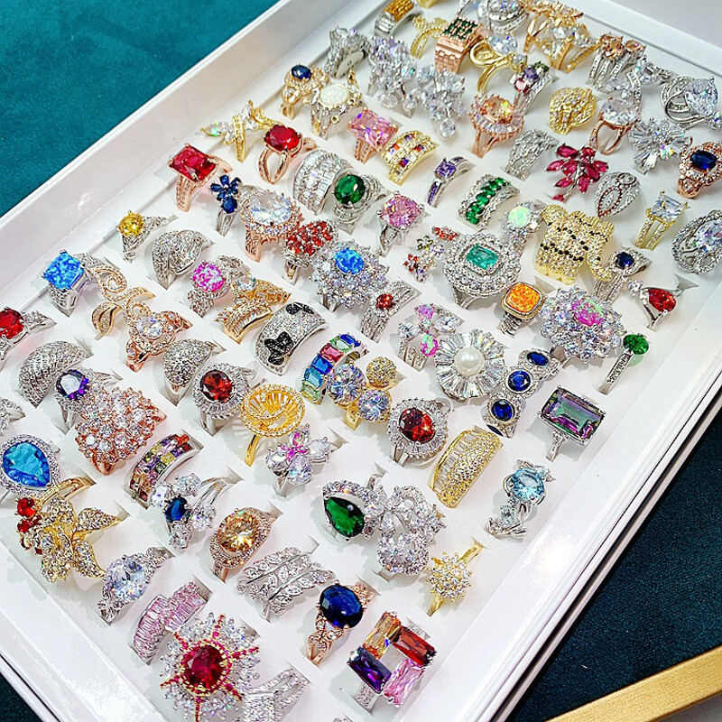 100Pcs Wholesale Colorful Crystal Mixed Rings Bulk Finger Band Ring ...