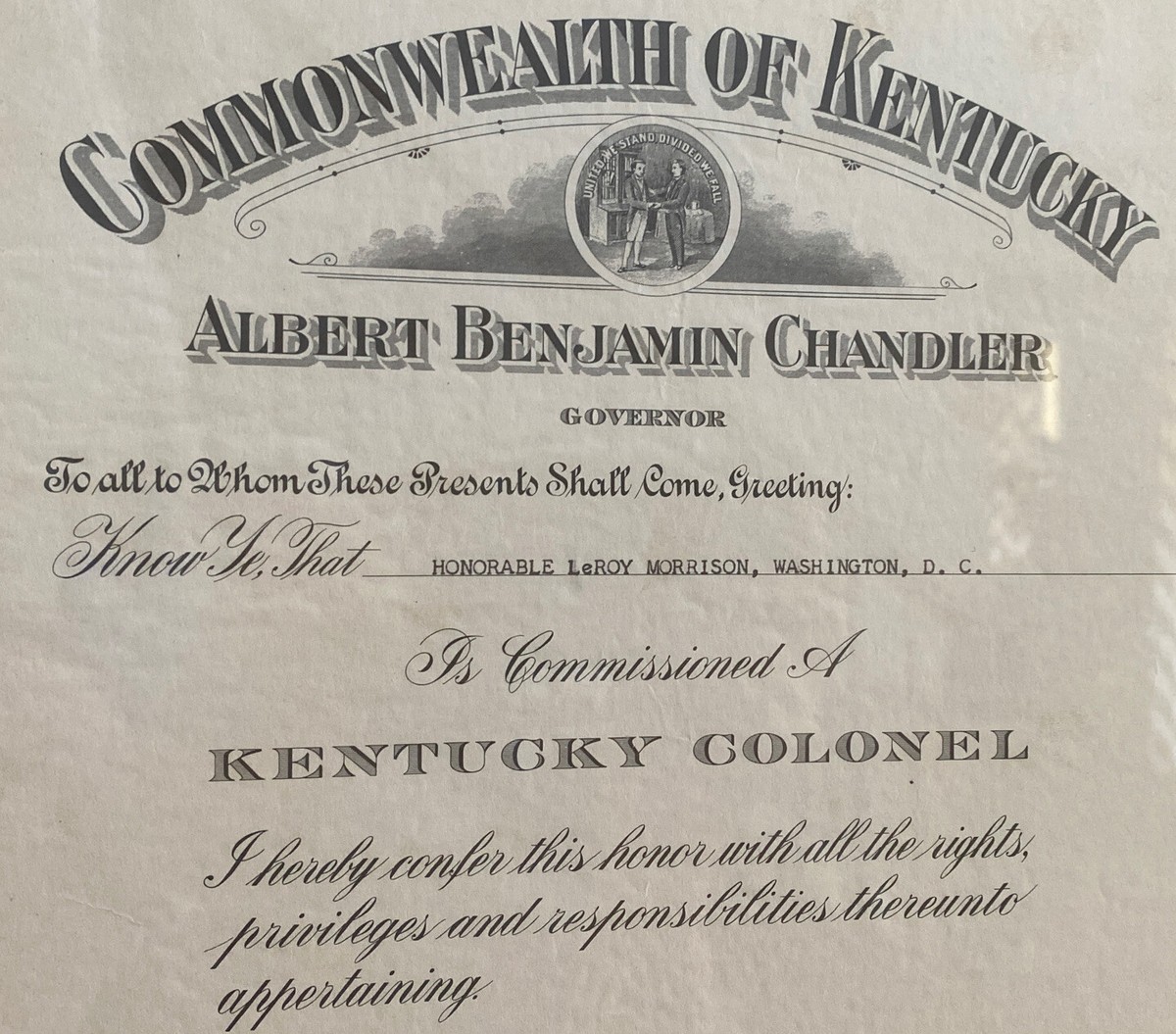 Kentucky Colonel Certificate Col. (R) Tom Turning Presents A Kentucky