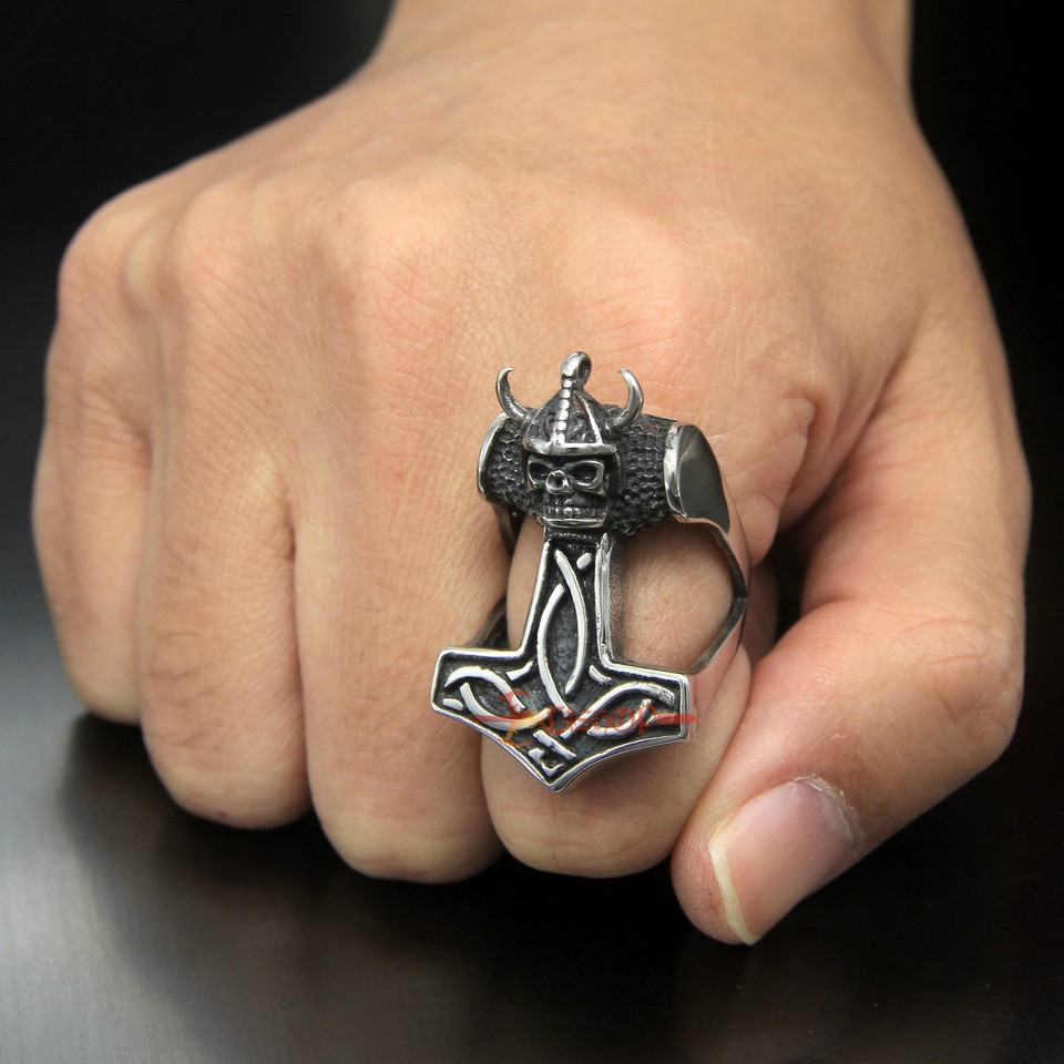 Huge Norse Thunder God Viking Skull Thor's Hammer Stainless Steel Men ...