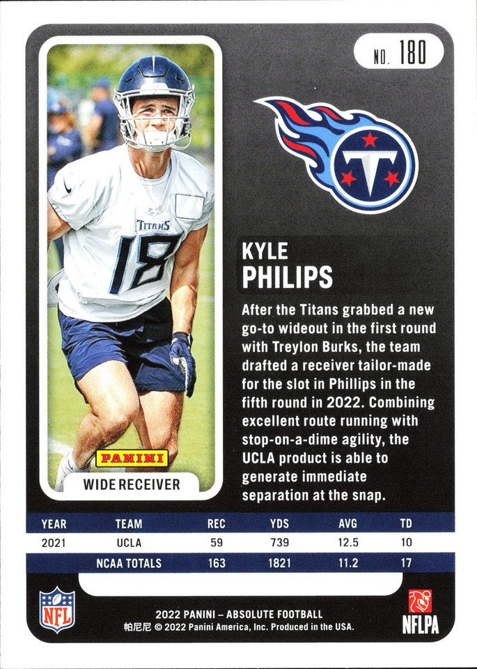 Kyle Philips 2022 Panini Absolute #180 Tennessee Titans ROOKIE FREE ...