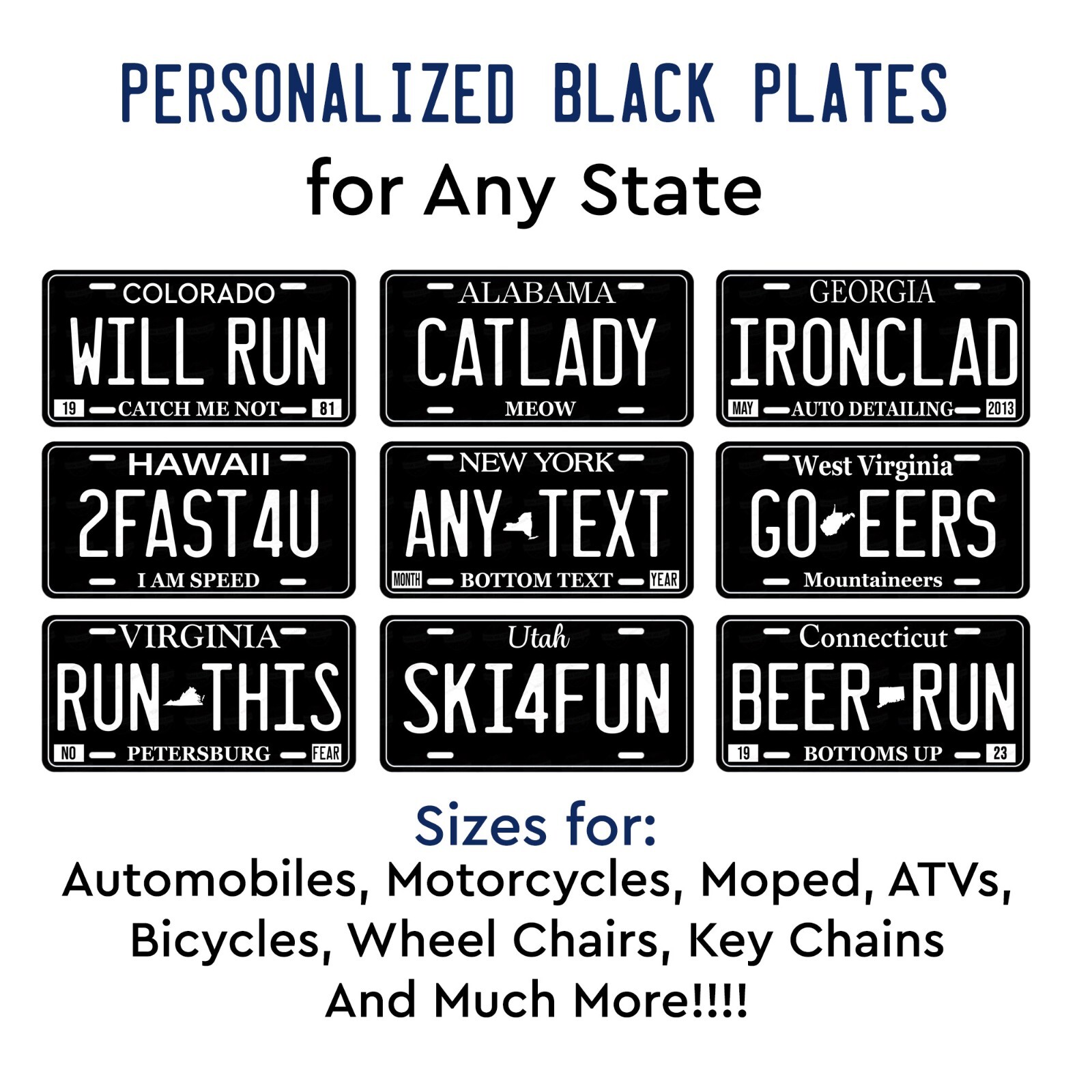Custom Black Metal License Plate Tag Any State for Auto ATV Motorcycle ...