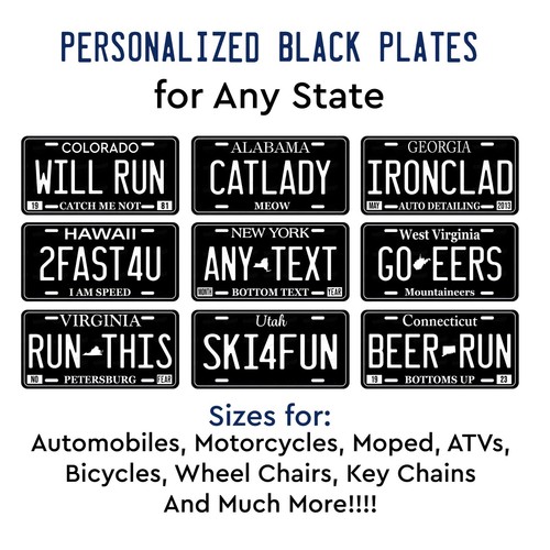 Custom Black Metal License Plate Tag Any State for Auto ATV Motorcycle ...
