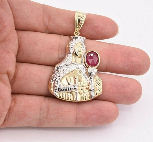 2 1/4" Saint Barbara Diamond Cut Ruby Pendant Real 10K Yellow White ...