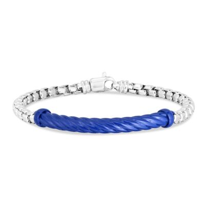 Italian Cable Sterling Silver and Blue Enamel Men's Bar Bracelet Fine ...