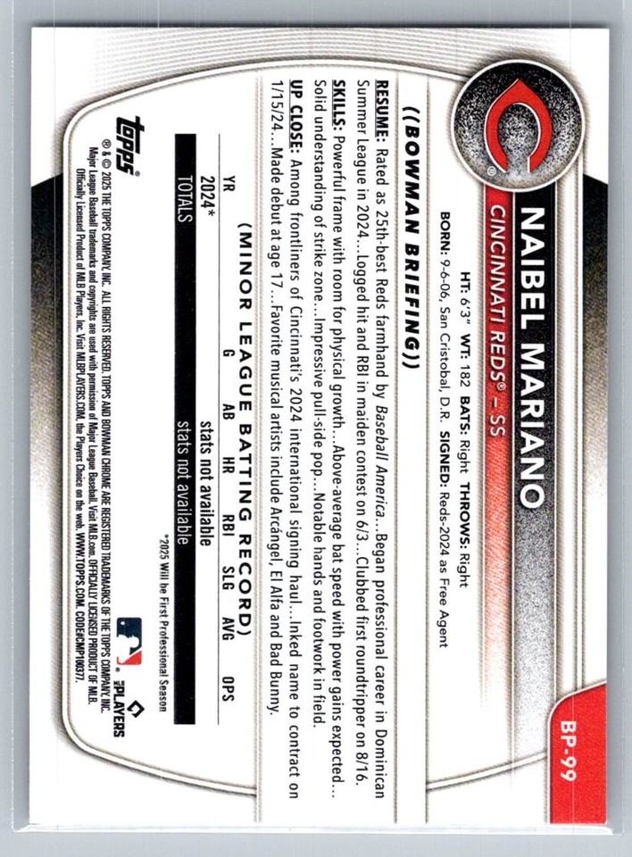 💎2025 Bowman Prospects #BP-99 Naibel Mariano - 1st Bowman - Reds💎 | eBay