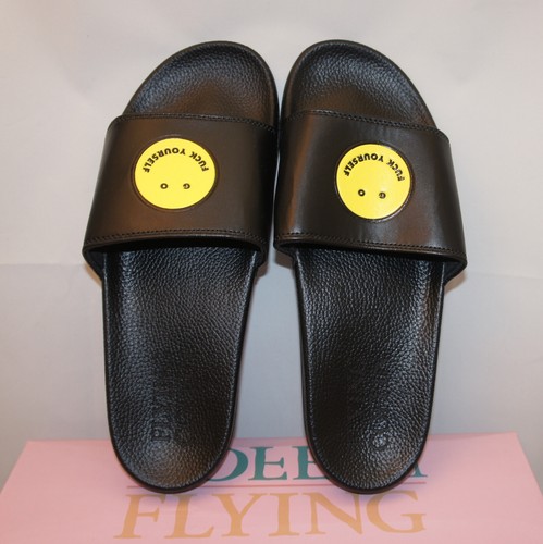FLYING COFFIN GFY Black Mens 11 Slide Sandals Embossed Boxed Smiley ...