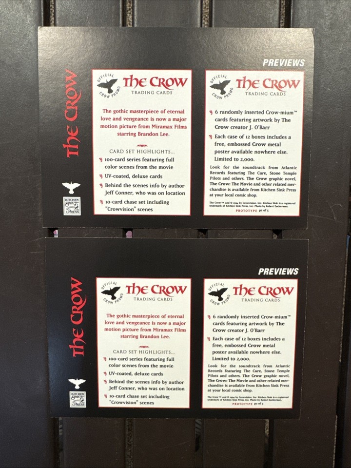 (2) 1994 Kitchen Sink THE CROW Brandon Lee UNCUT CARD SHEETS Prototype ...