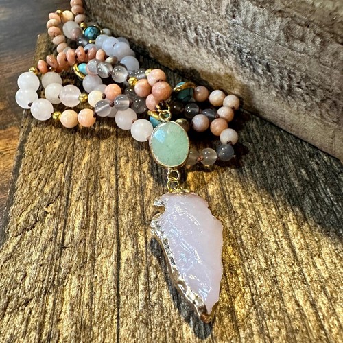 Natural Raw Rose Quartz Arrowhead Charm 108 Mala Beads Healing Prayer ...