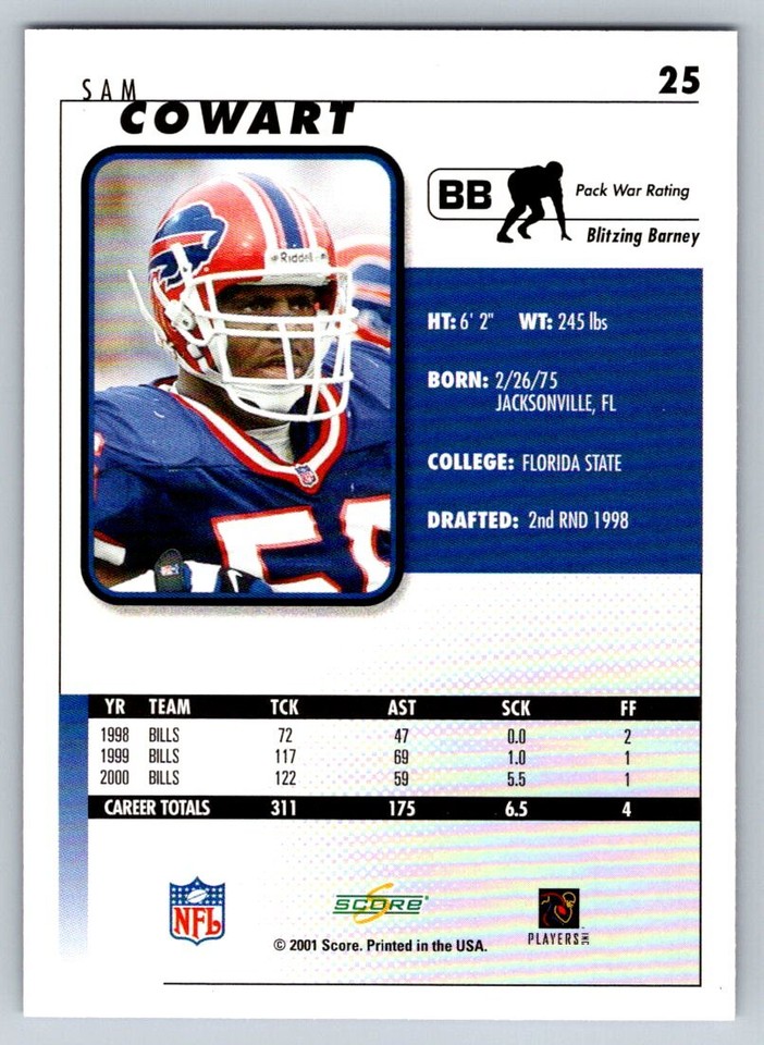 2001 Score #25 Sam Cowart Buffalo Bills | eBay