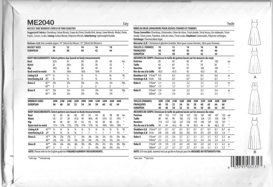 Know Me ME2040 Sewing Pattern Misses' & Women's Dress in 2 Lengths SZ ...