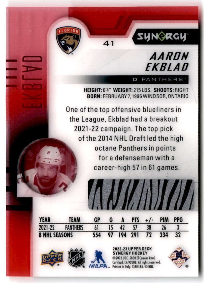 2022-23 Upper Deck Synergy Red Codes #41 Aaron Ekblad Florida Panthers ...