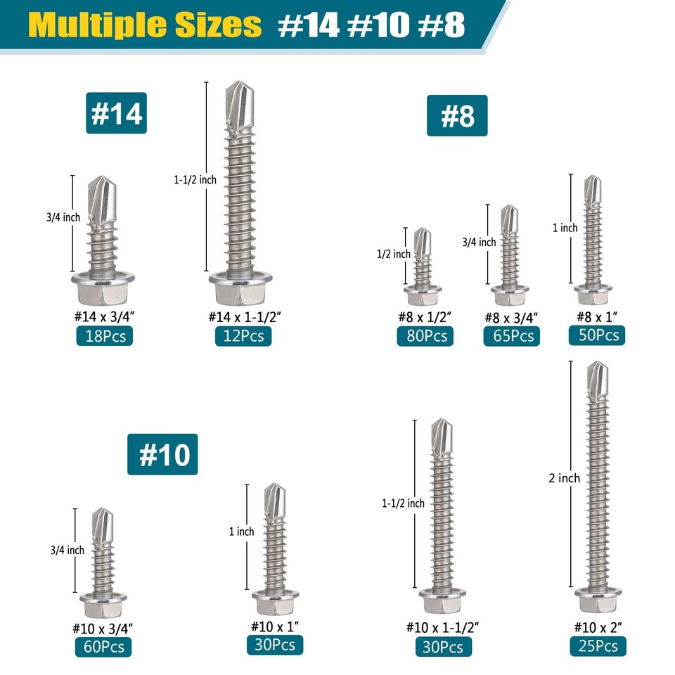#8#10#14 Self Drilling Screws Assortment Kit,410 Stainless Steel Self ...