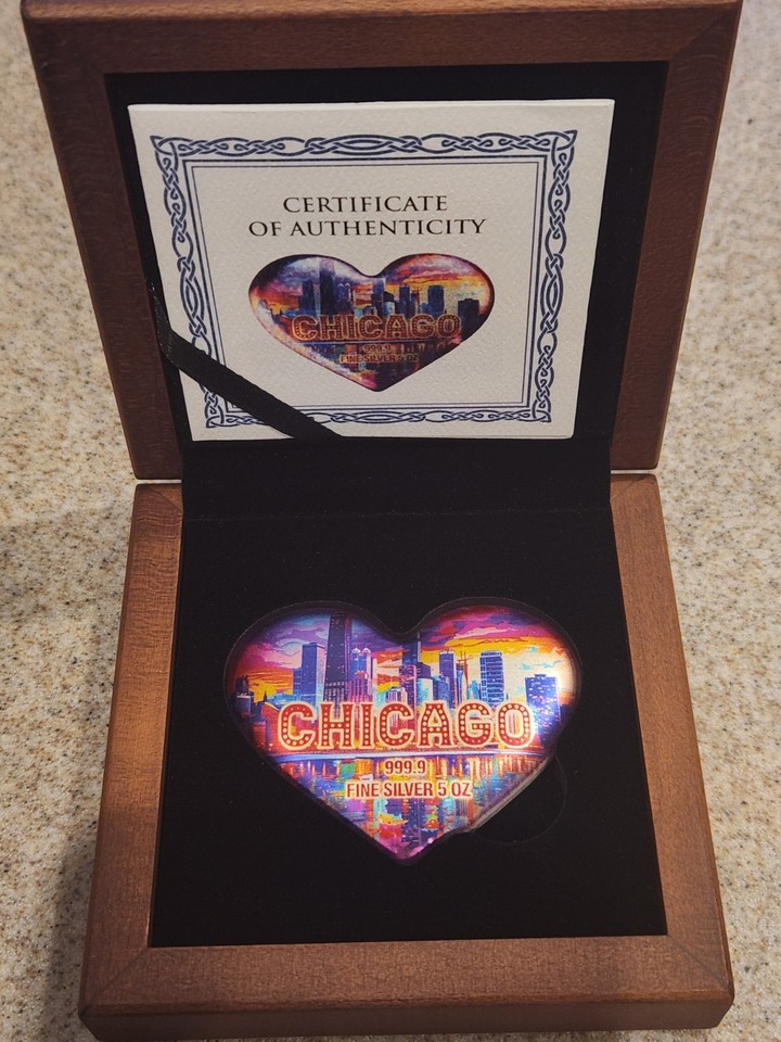 5 OZ .999 PURE SILVER GERMANIA MINT CHICAGO ANA COLORIZED HEART SHAPED ...