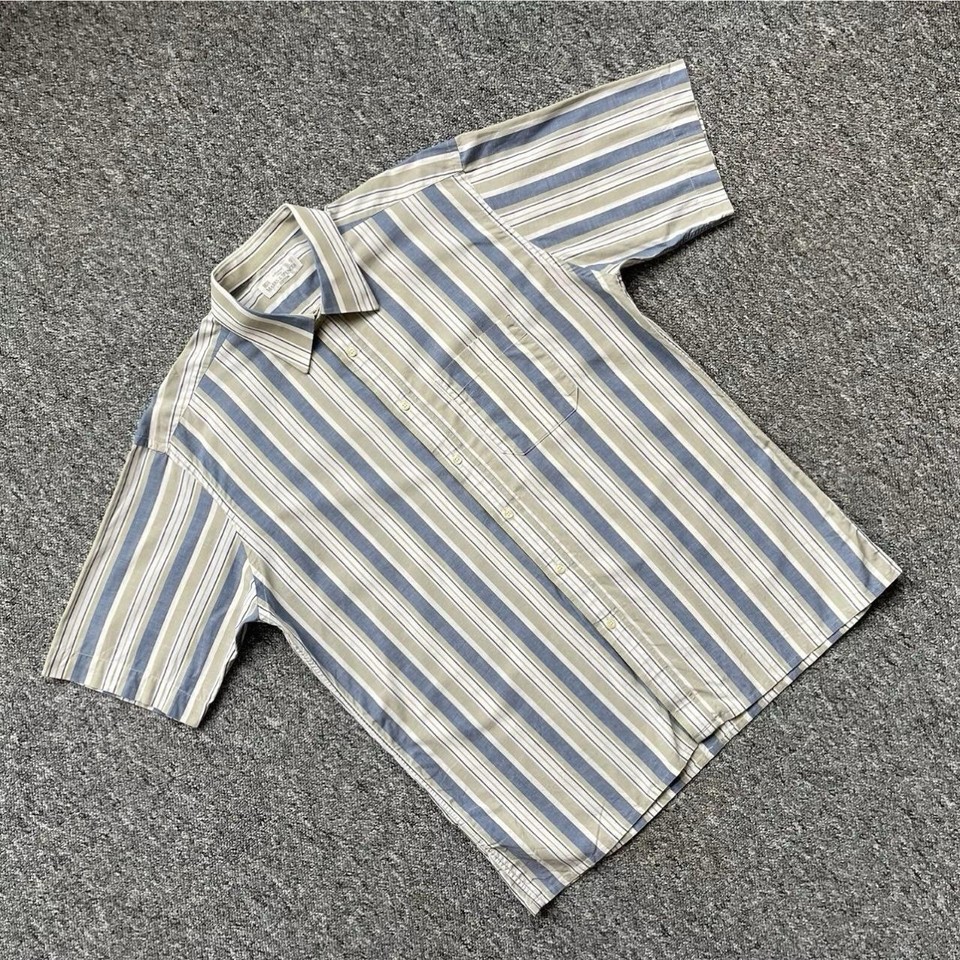 St Michael Short Sleeve Shirt L Blue Beige White Preppy Holiday Work ...