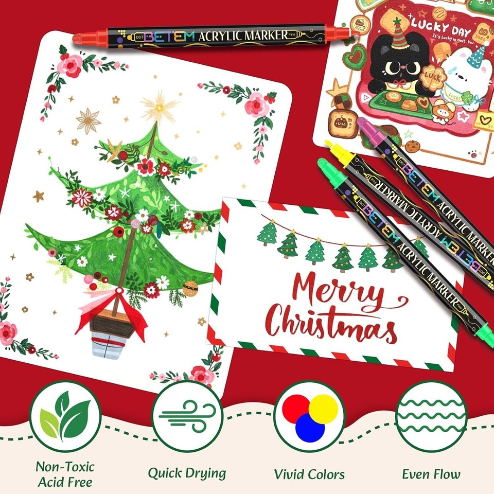 Betem 24 Color Dual Tip Acrylic Paint Pens | Water-Based Markers for ...