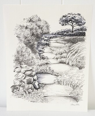 8.5x11 Original Ink & Pencil Drawing Garden Path Landscape Rocks Trees ...