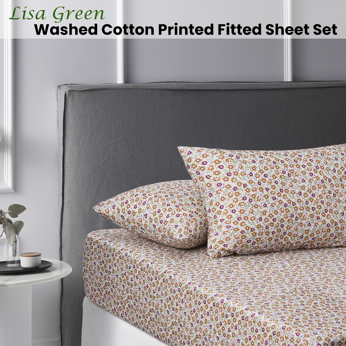 Accessorize Lisa Green Washed Cotton Printed Fitted Sheet Set King ...