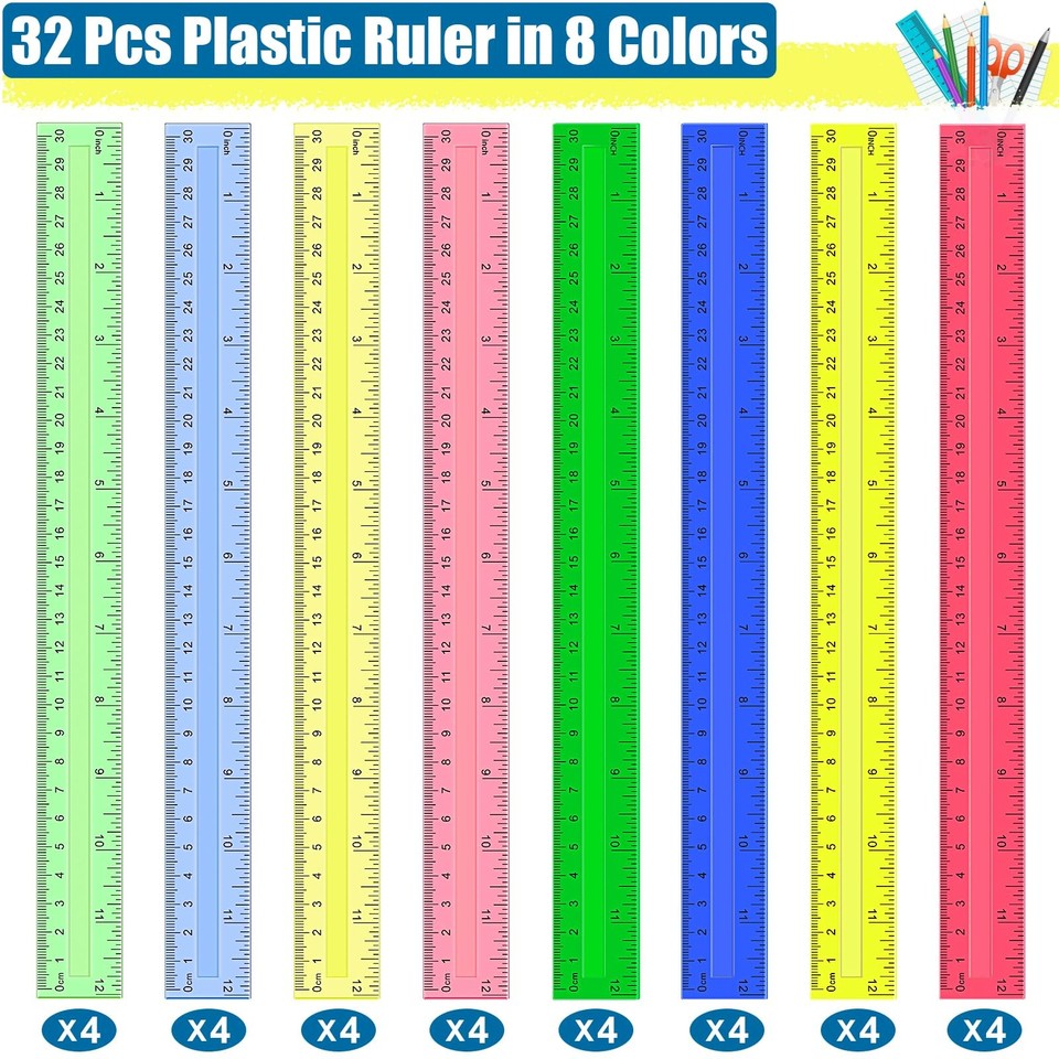 12 Inch Plastic Rulers, 32 PCS Transparent Assorted Color Metric Bulk ...