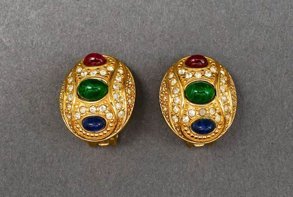 Christian Dior Vintage Multi Color Gripoix Cabochon Glass Gold Clip On ...