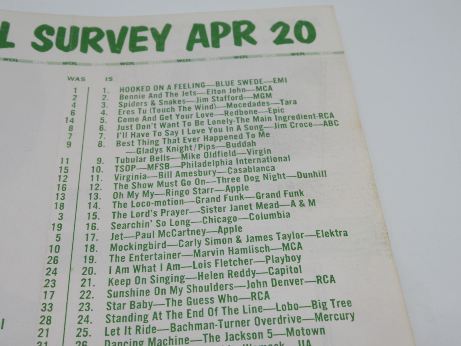 WCFL RADIO Chicago Super CFL Survey APR 20, 1974 #1 Album Tubular Bells ...