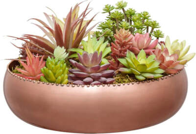 11-inch Metallic Copper Toned Metal Planter Pot, Shallow Bowl Succulent ...