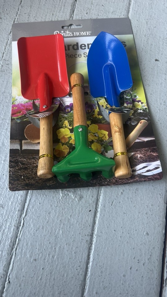Bonita Home 3 Piece Mini Garden Tool Set Hand Trowel Shovel Rake Wood ...