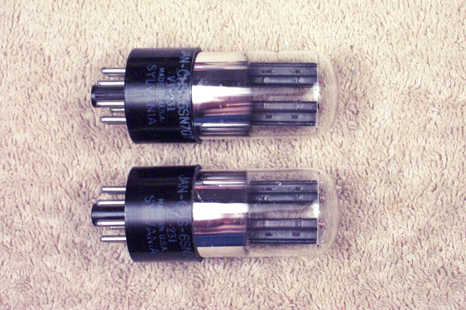 Two, Sylvania, VT-231, 6SN7GT, wartime, black T-plates, matching pair ...