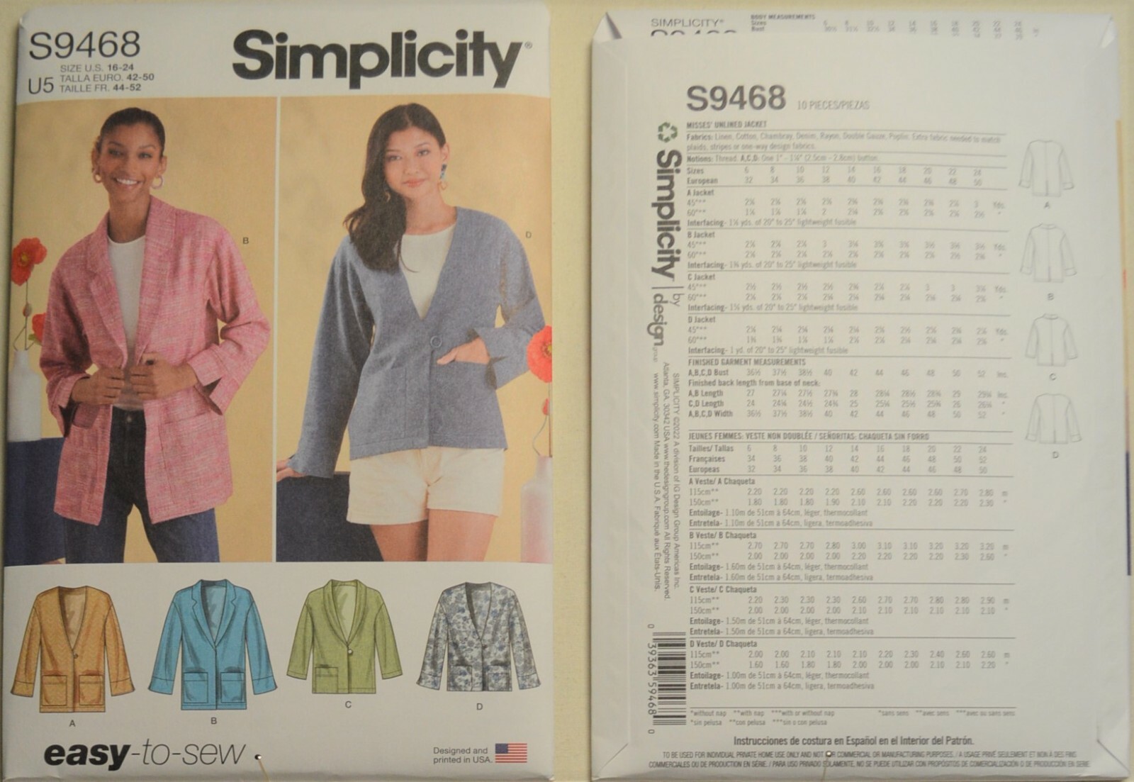 Simplicity S9468 Misses' Unlined Jacket Sewing Patterns - Size 16-24 ...