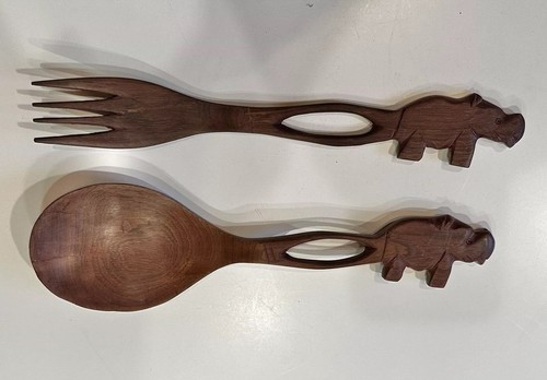 HAND CARVED Wooden Hippopotamus SALAD FORK & SPOON SERVING SET (2) L@@K ...
