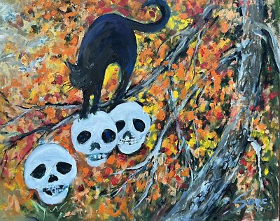 Halloween Cat With Skulls 20" x 16" Original Oil Painting On Canvas Eva ...