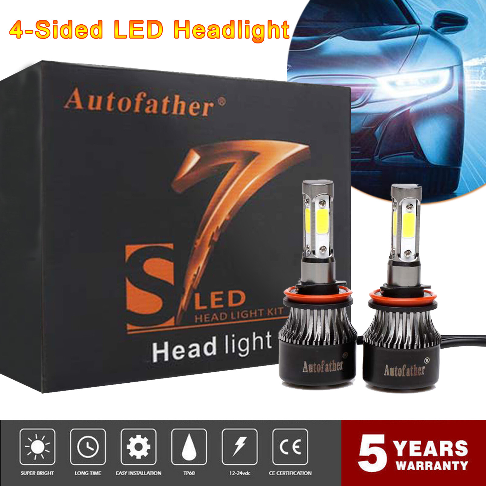Autofather H11 LED Headlight Slim 4-Sided Bulbs 1750W 195000LM High or ...