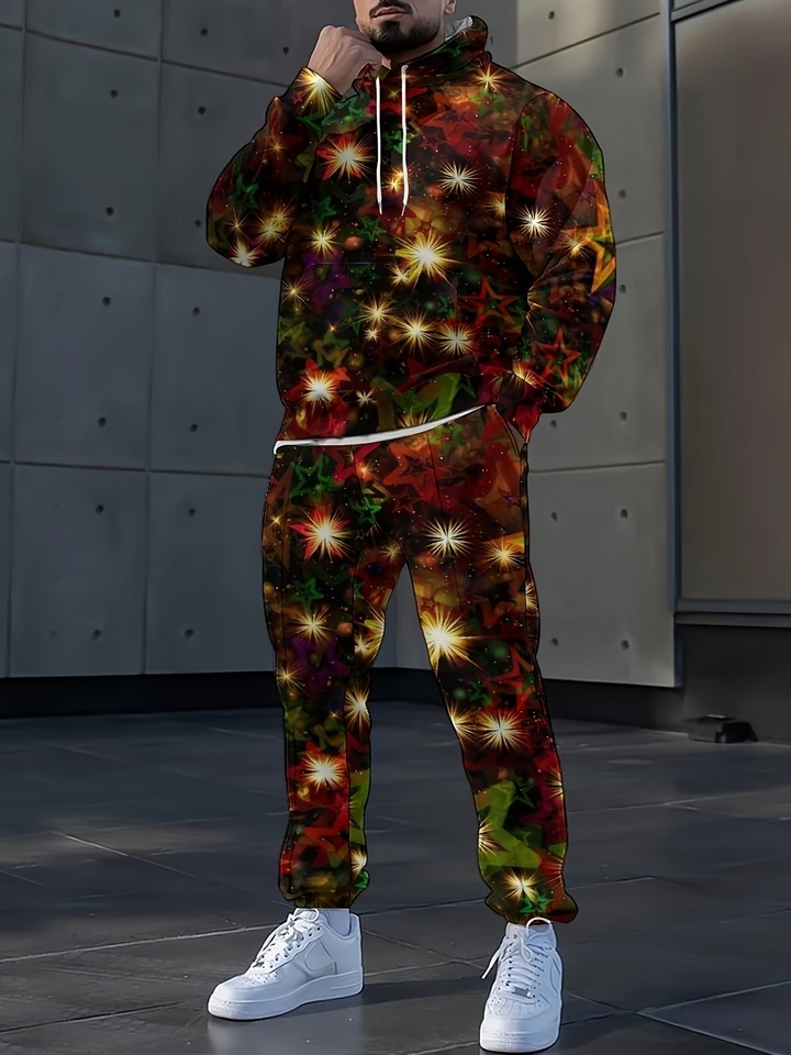 (2 pieces) Christmas men's cool starlight hooded sweater set, full of ...