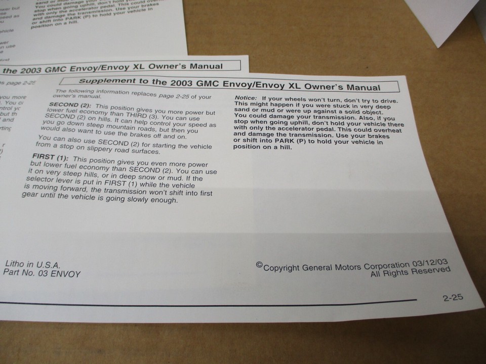 2003 GMC Envoy / Envoy XL Owners Manual supplement | eBay