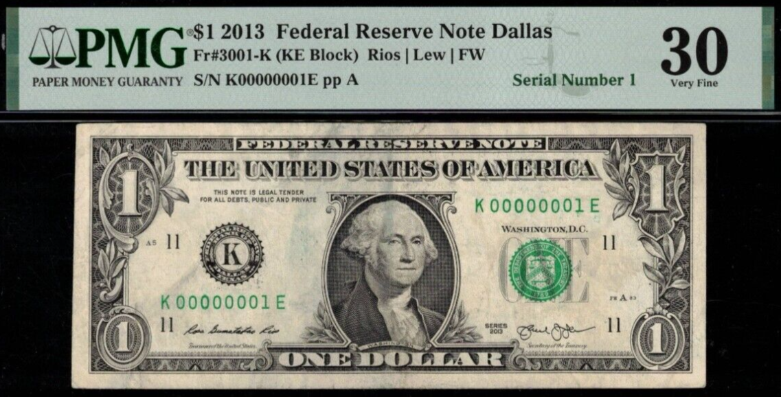 2013 $1 Federal Reserve Note Dallas PMG 30 crazy rare serial number ...