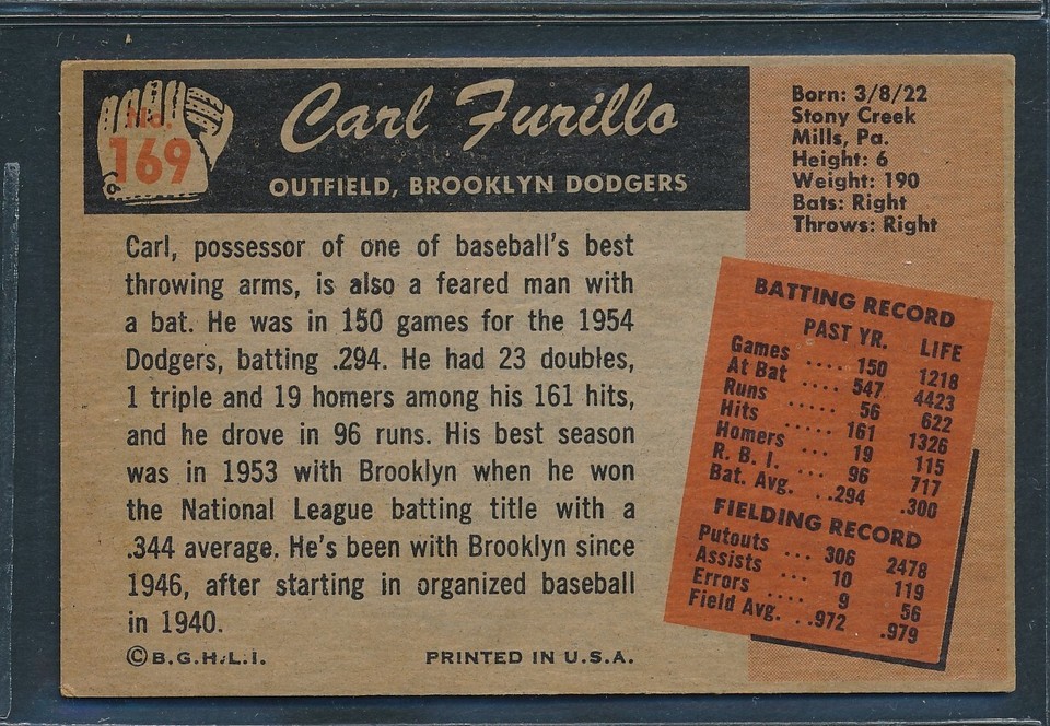 1955 Bowman #169: CARL FURILLO Brooklyn Dodgers ~ EX to EX-MT | eBay