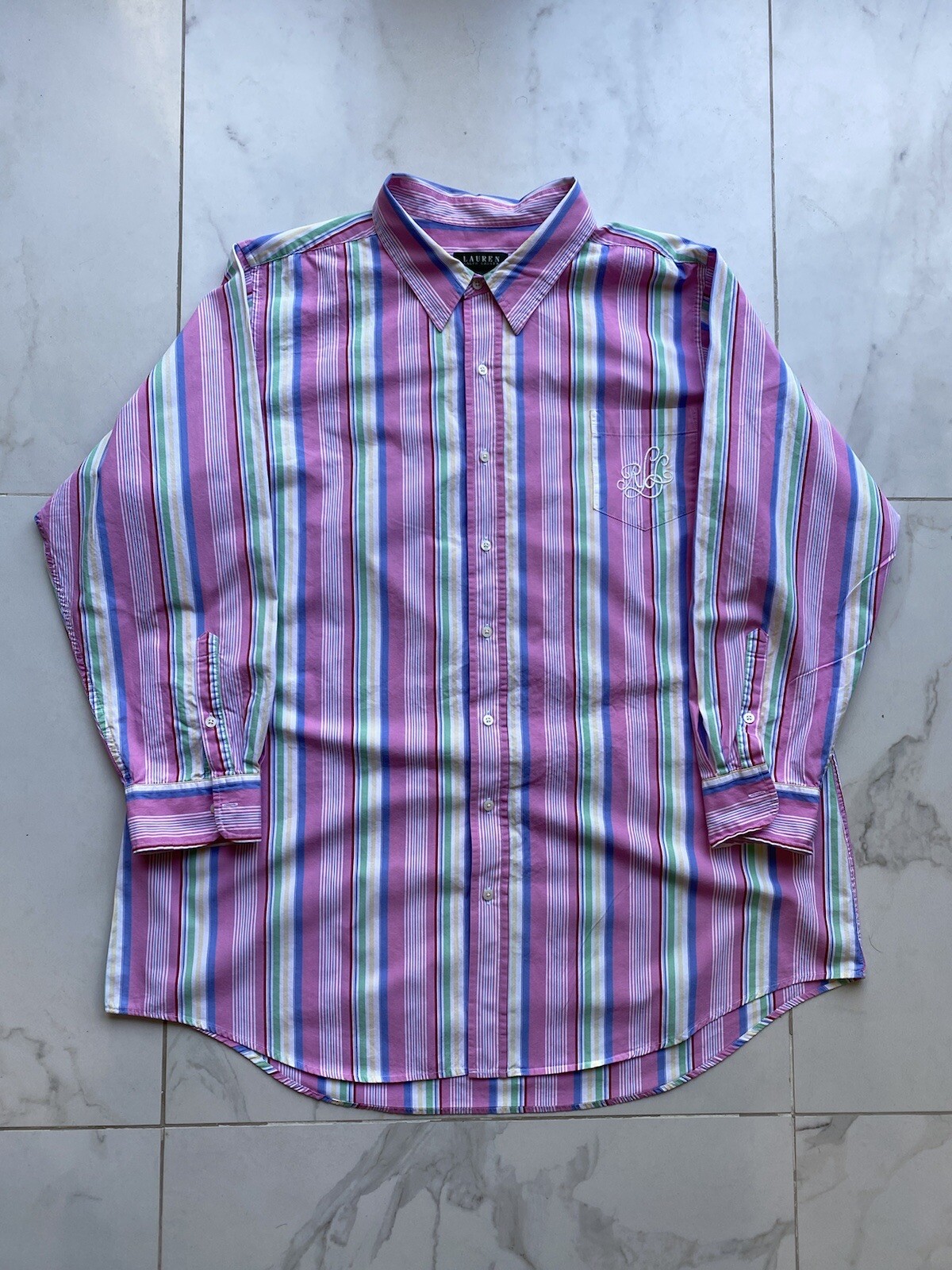 LAUREN Ralph Lauren Pink Striped L/XL Dress Shirt LRL Monogram Pastels ...
