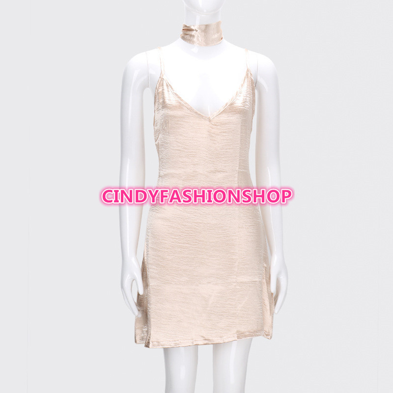 Summer Elegant Backless V-Neck Halter Satin Slip Sexy Mini Women Short ...