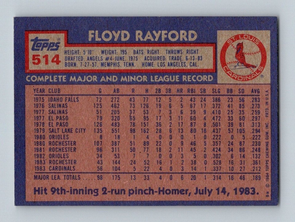1984 Topps Baseball Card #514 Floyd Rayford St. Louis Cardinals 3rd ...