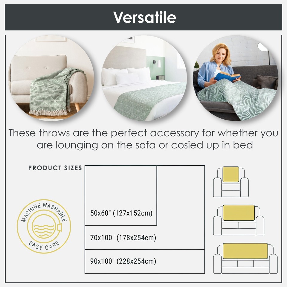 Throw Blanket for Sofas Couch Bed Runner Scandi Woven Soft Cotton Zahra ...