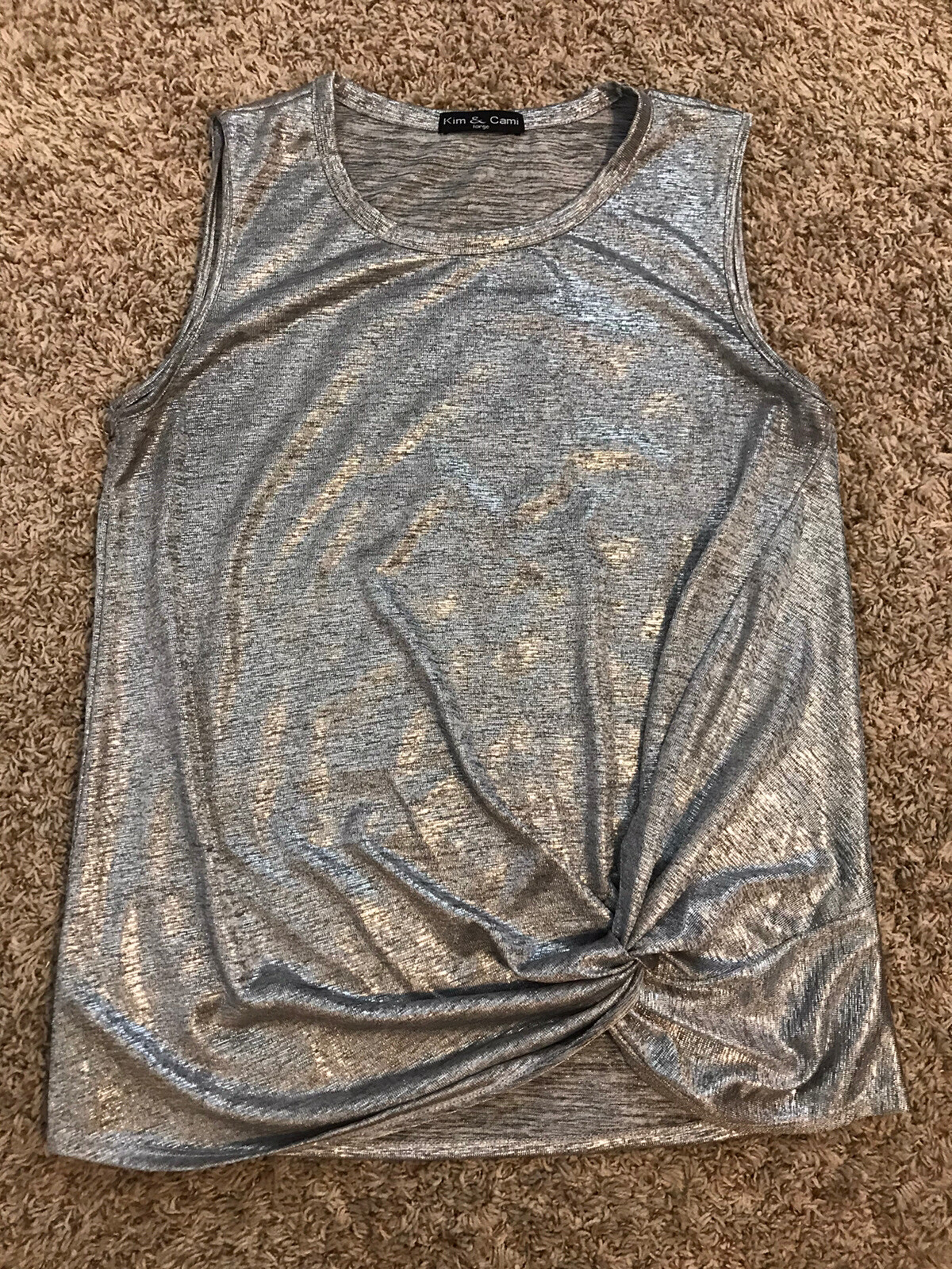 Kim & Cami Silver Metallic Twist Front Tank Top Shiny… - Gem