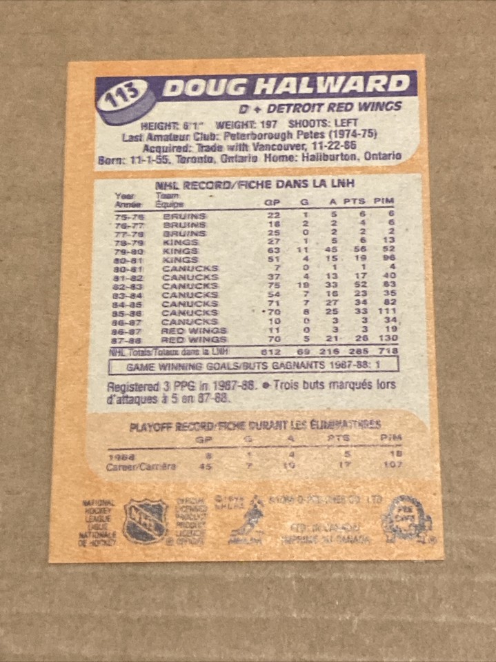 1988-89 O-Pee-Chee Hockey Card #113 Doug Halward Detroit Red Wings | eBay